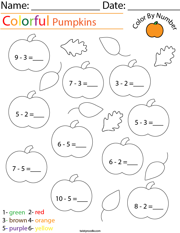 Subtraction- Color by Number Pumpkins Math Worksheet - Twisty Noodle